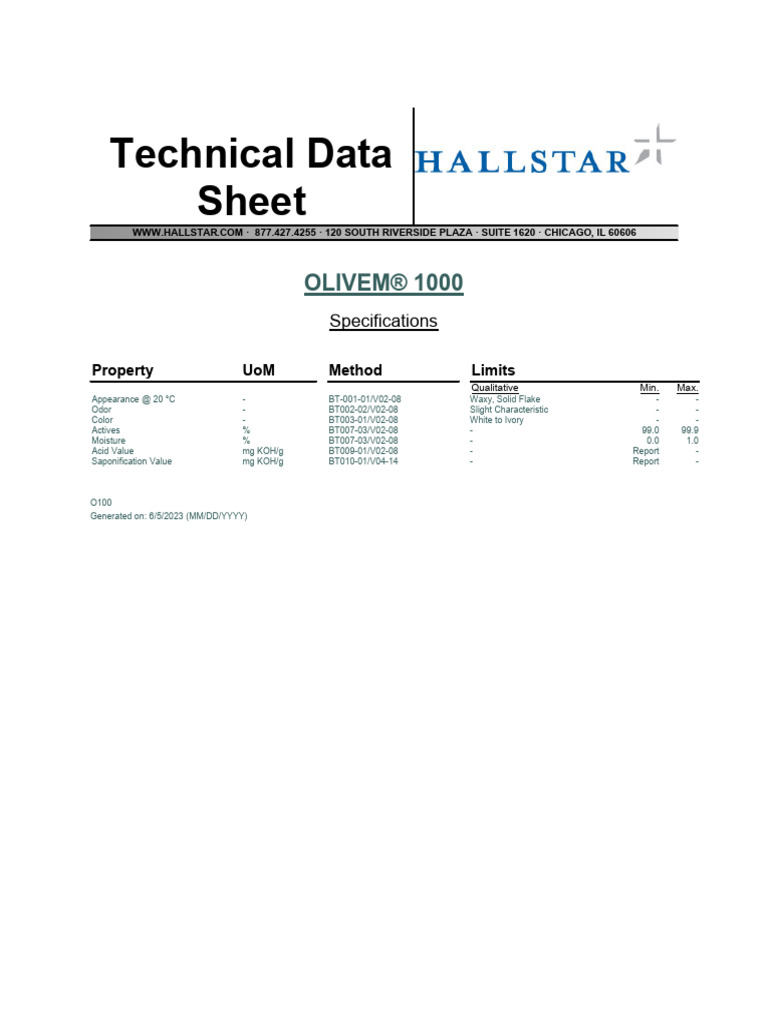 Olivem 1000 Technical Data Sheet | PDF