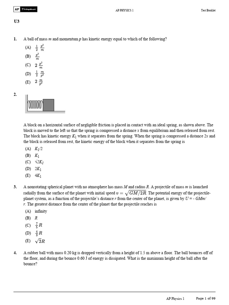 AP Physics 1 Kinetic Energy Problems | PDF | Force | Mass