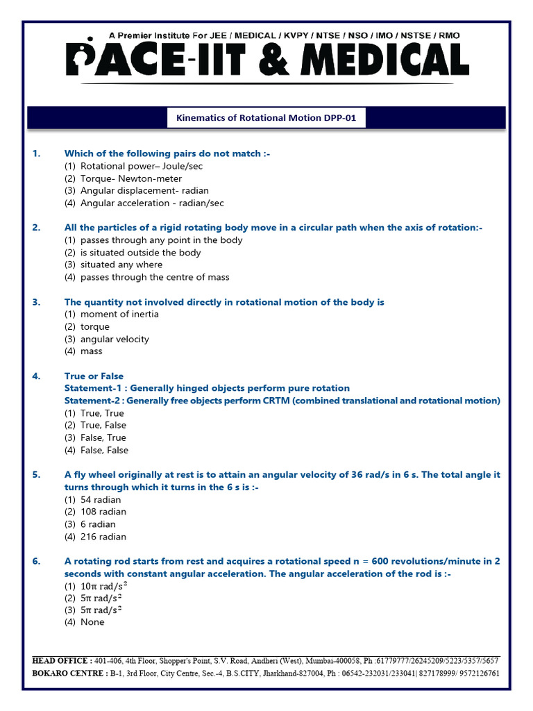 Class 11 DPP 9 Physics Rotation 07.11.2025 | PDF | Rotation Around A ...
