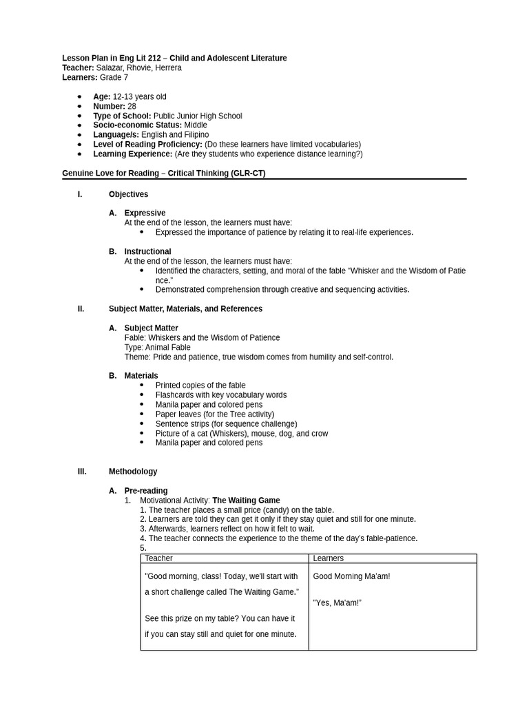 Eng Lit 212: Fable Lesson Plan | PDF | Vocabulary | Lesson Plan