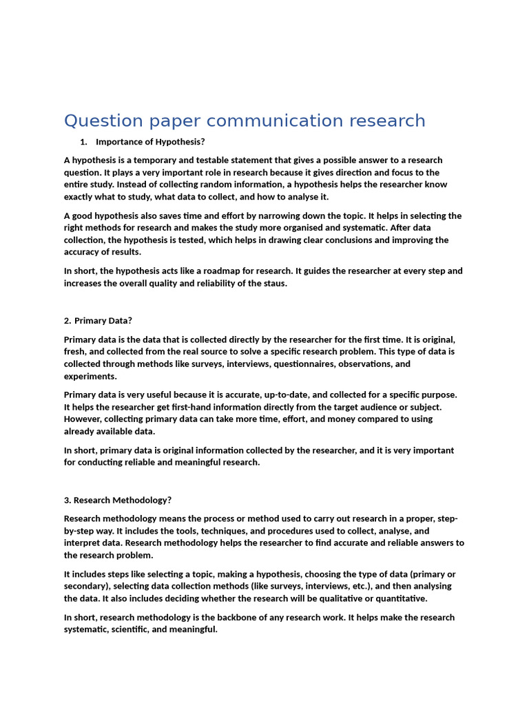 Question Paper Communication Research | PDF | Quantitative Research ...
