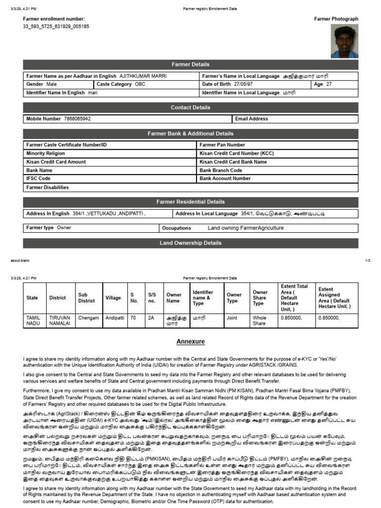 Farmer Registry Enrollement Data | PDF