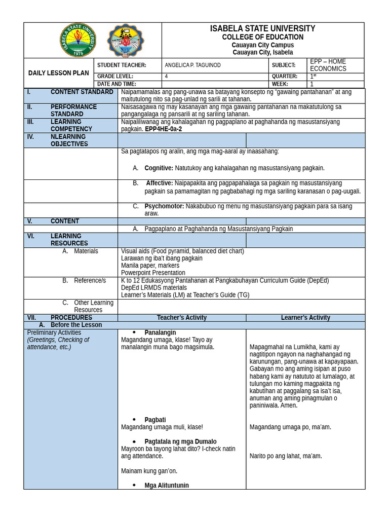 EPP Lesson Plan For Sir Joewalt 3 | PDF