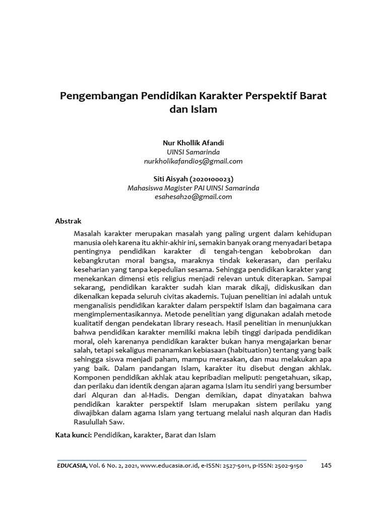 Pengembangan Pendidikan Karakter Perspektif Barat Dan Islam | PDF