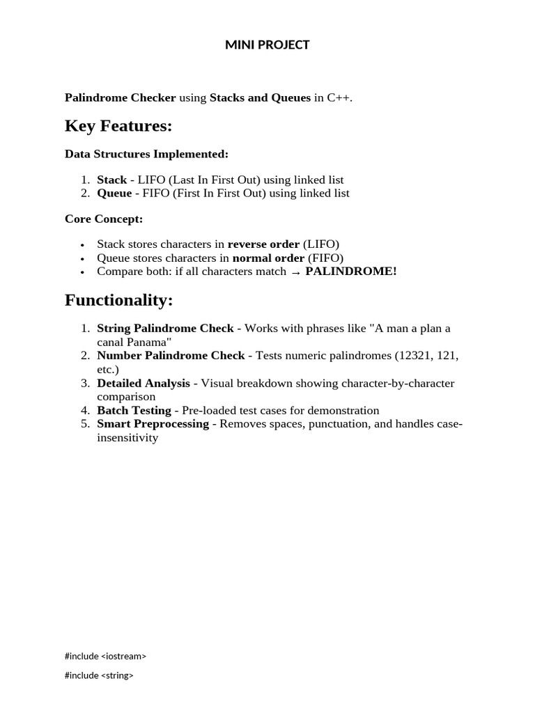 MINI PROJECT - Palindrome Checker - Stack | PDF | Queue (Abstract Data Type) | Algorithms And ...