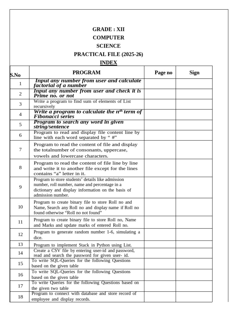 Computer Science Practical File - 25 - 26 | PDF | Computer Program ...