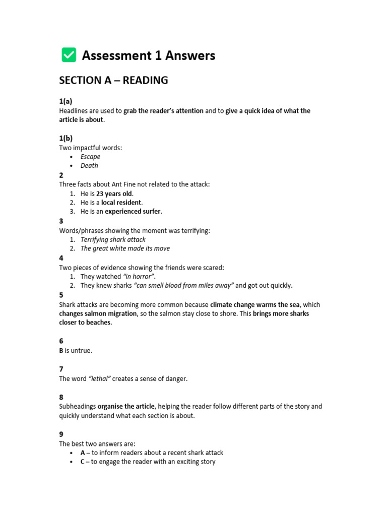 English Year 7 Assessment Answers - 1 | PDF