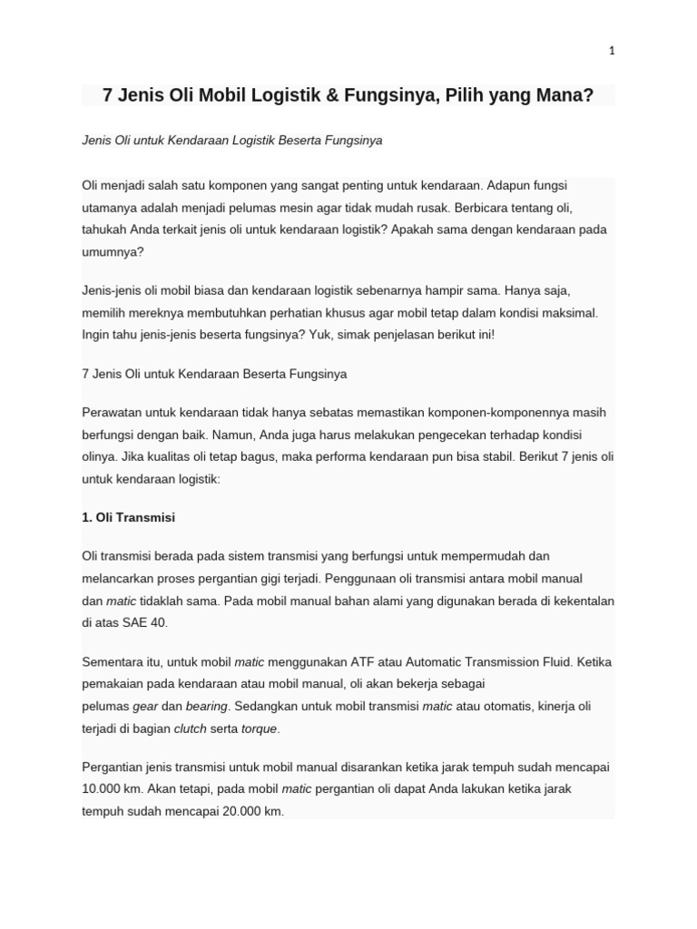 7 Jenis Oli Mobil untuk Kendaraan Logistik | PDF