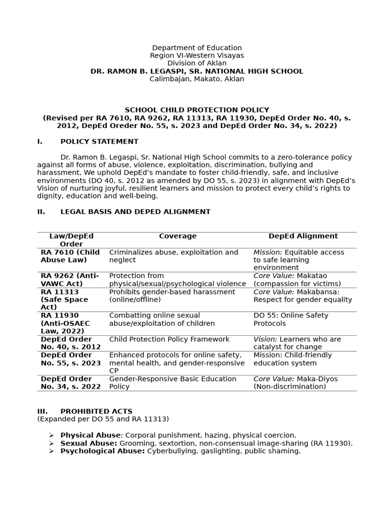 Aklan School Child Protection Policy | PDF | Harassment | Child Protection