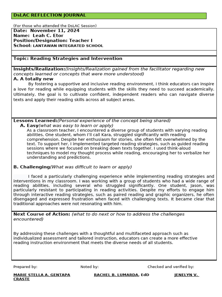 Lac Reflection Journal | PDF | Differentiated Instruction | Learning