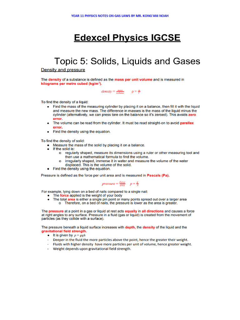 Ava Yr 11 Phy Sum Notes On Gas Laws | PDF
