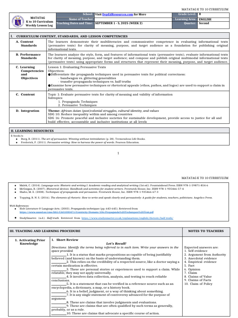 DLL Matatag - English 8 q2 w2 | PDF | Propaganda