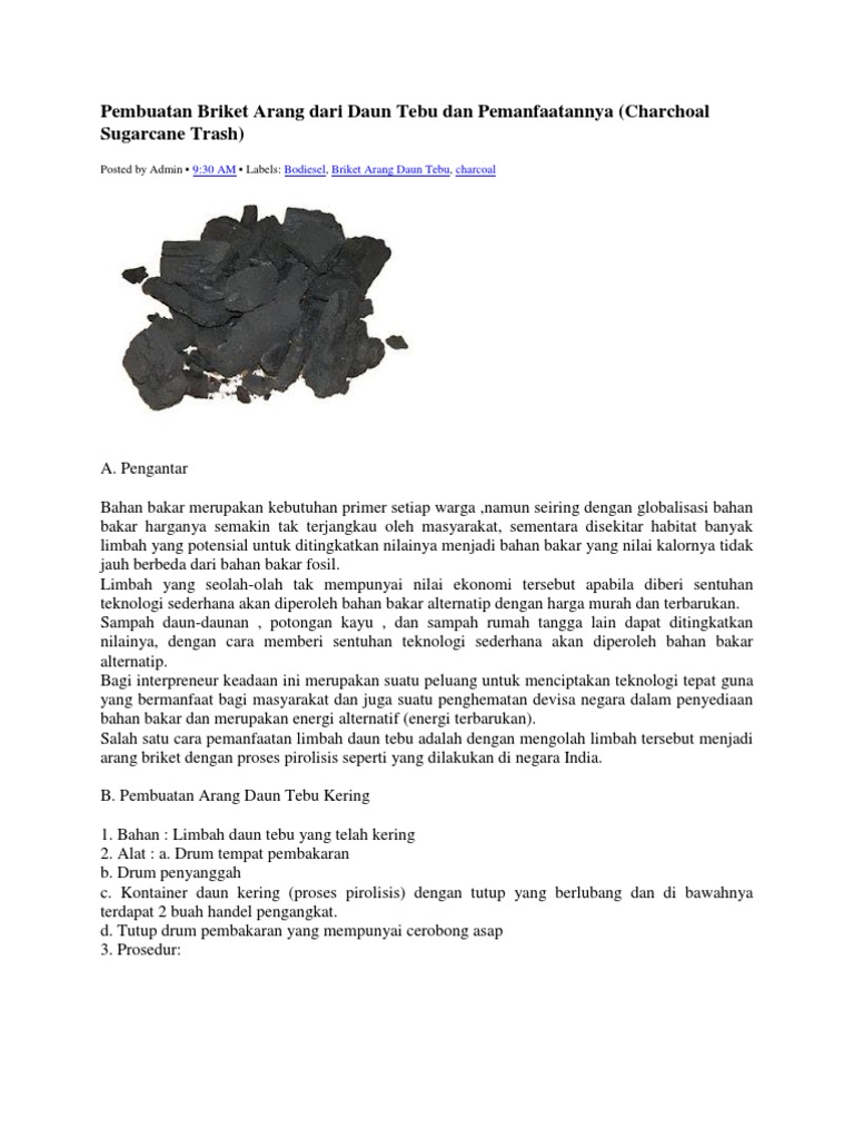 Pembuatan Briket Arang Dari Daun Tebu Dan Pemanfaatannya | PDF