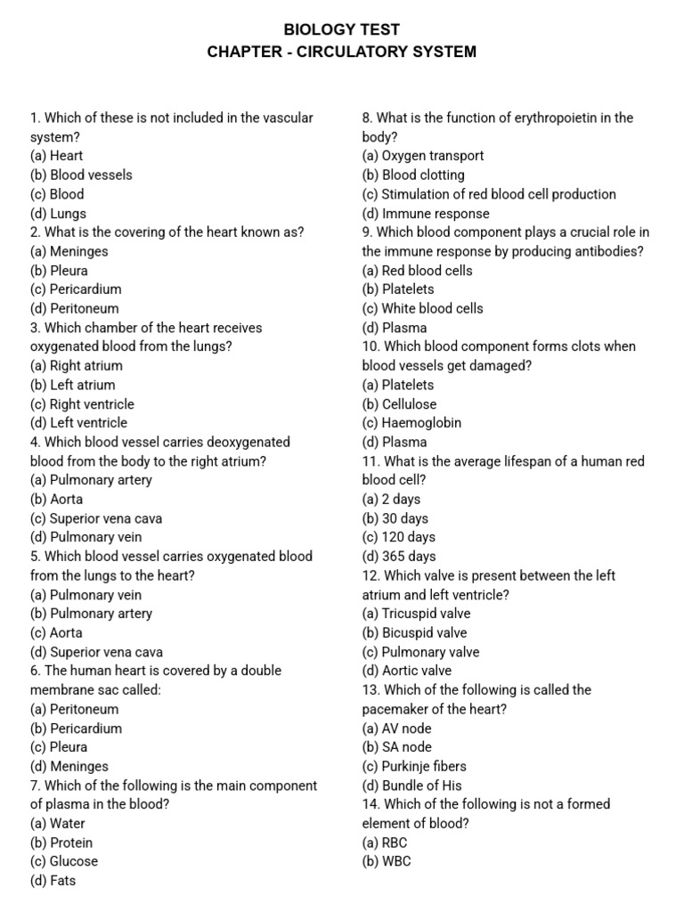 Circulatory System Biology Test | PDF | Heart | Blood