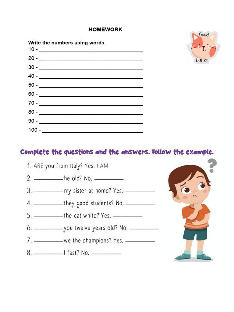 HOMEWORK 3rd Grade Numbers and Interrogative To Be | PDF