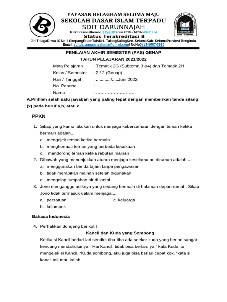 Soal Pas Sem 2 2020 | PDF