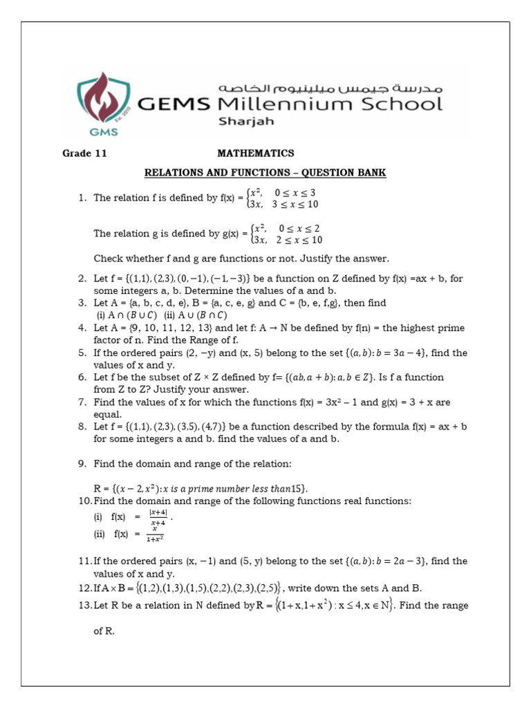 Grade 11 Chapter 02 Relations and Functions Question Bank | PDF ...
