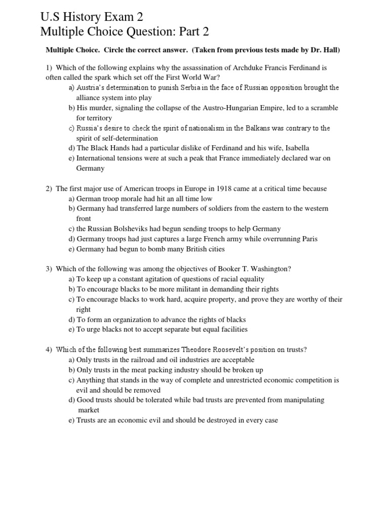 U.S. History Multiple Choice Exam | PDF | Great Depression | African ...