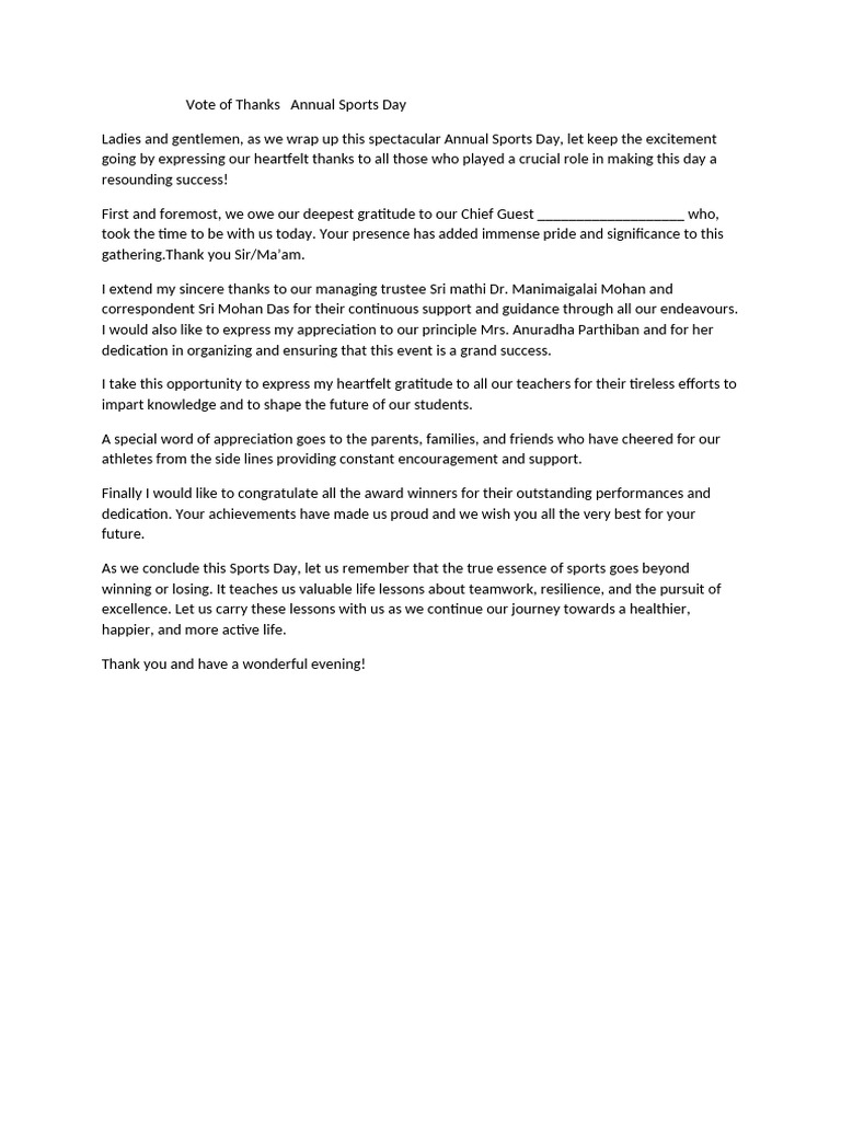 Vote of Thanks for Annual Sports Day | PDF