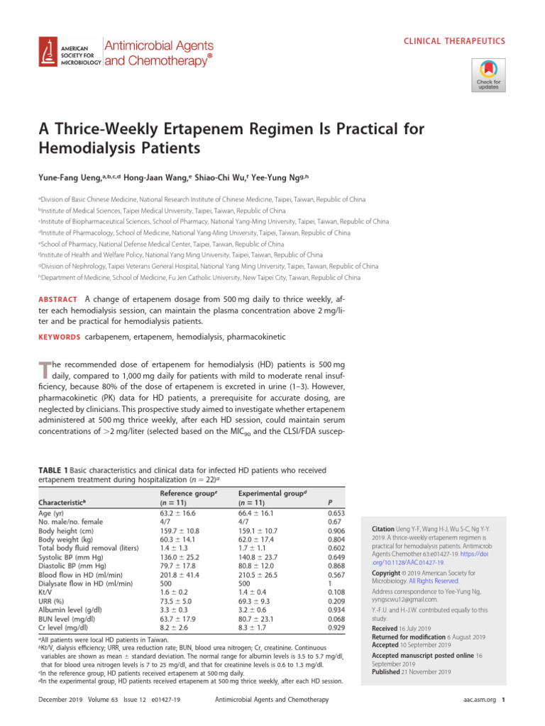 Thrice-Weekly Ertapenem for Hemodialysis | PDF | Dose (Biochemistry ...