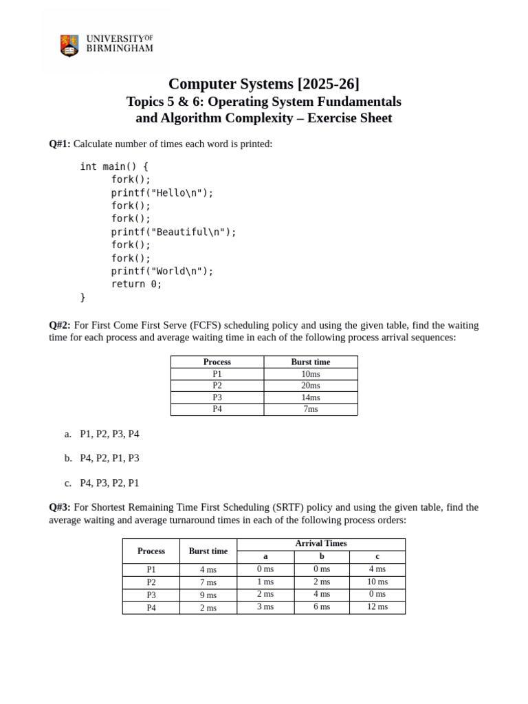 07 - Operating System Fundamentals and Complexity - Exercise Sheet | PDF | Scheduling (Computing ...