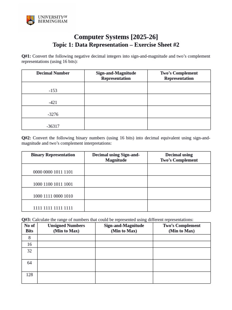 02_Data Representation – Exercise Sheet 2 | PDF | Computer Engineering ...