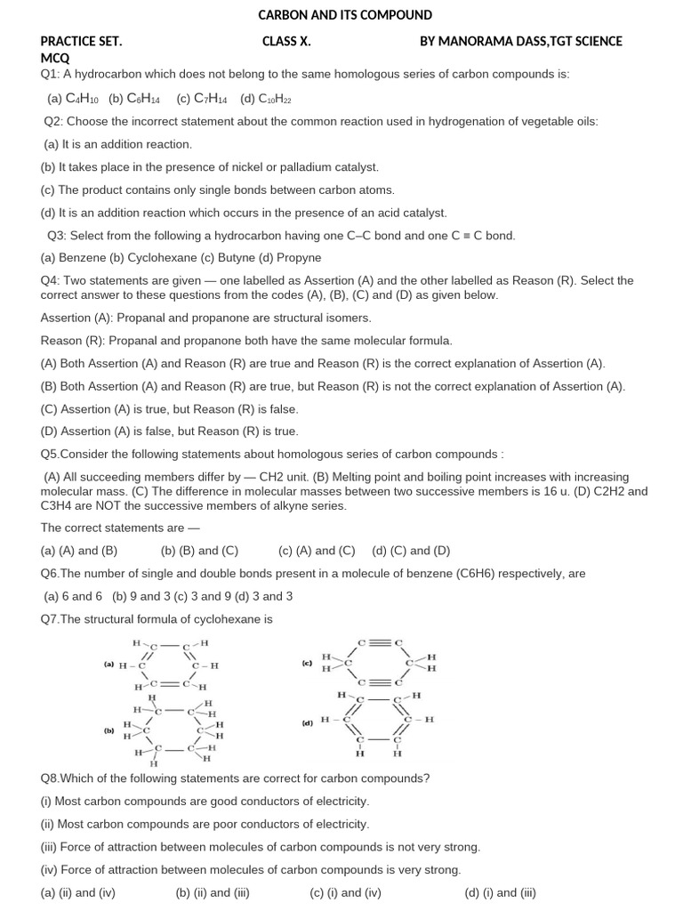 Class X Carbon Compounds MCQ Practice | PDF | Chemical Compounds ...