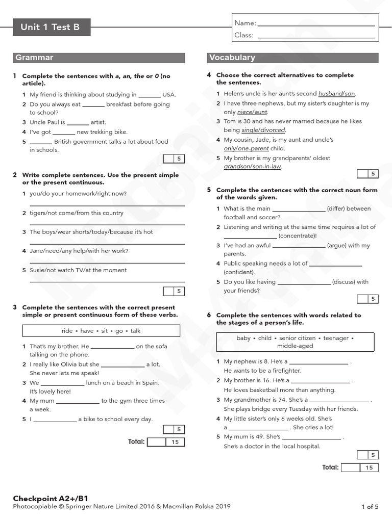 Checkpoint A2+ B1 Unit 1 Test B | PDF