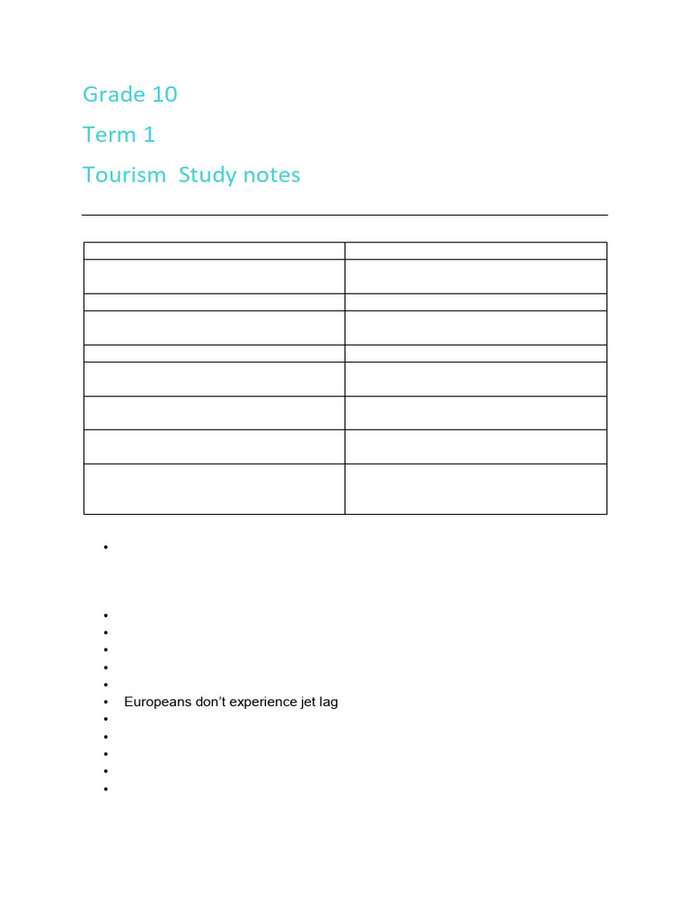 Grade 10 Tourism Study Notes Overview | PDF | Bar (Establishment ...