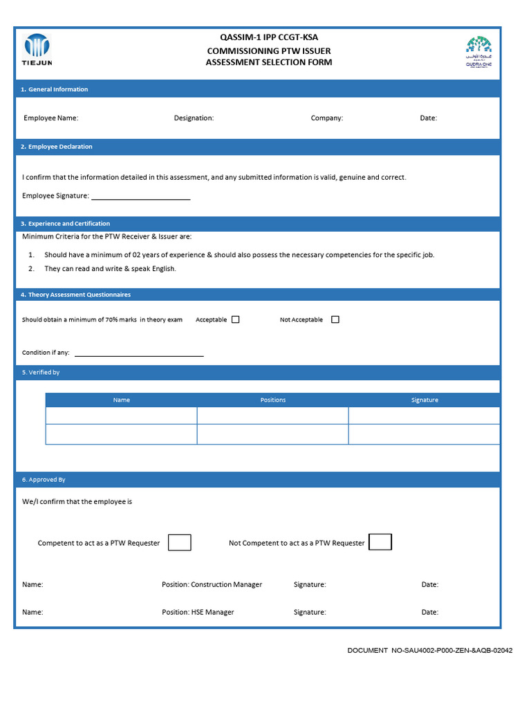 PTW Issuer Assessment Selection Form | PDF