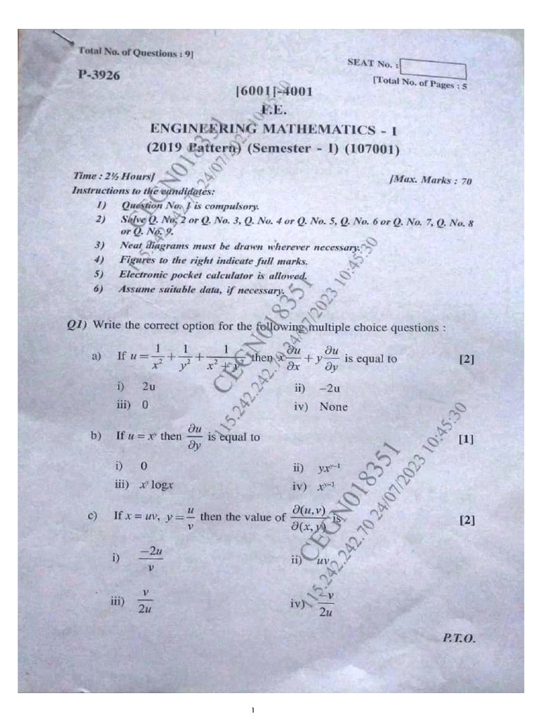 M1 End Sem QP Aug 23 | PDF