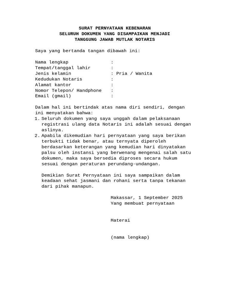 Surat Pernyataan Kebenaran Notaris | PDF