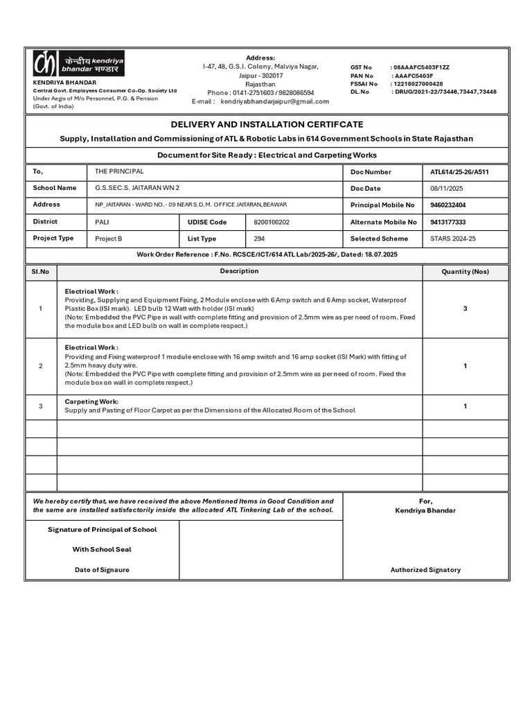 ATL Lab Installation Certificate Rajasthan | PDF | Building Engineering
