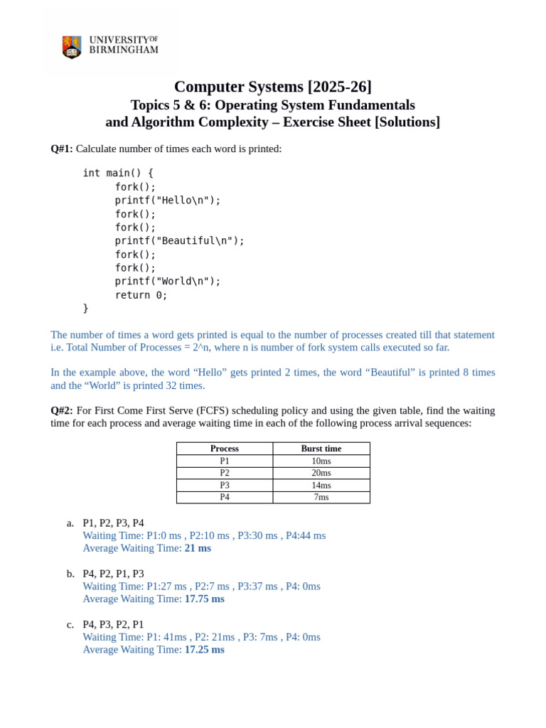 07 - Operating System Fundamentals and Complexity - Exercise Sheet (Solutions) | PDF ...