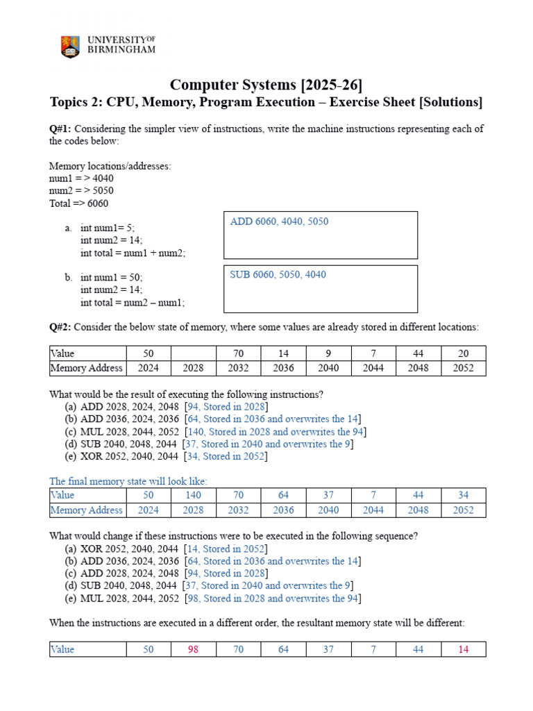03 - CPU Memory Program Execution Assembly - Exercise Sheet (Solutions) - 1 | PDF
