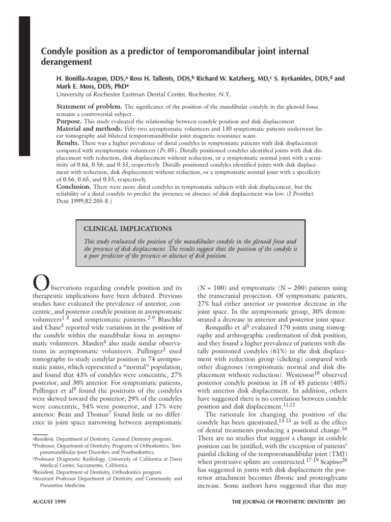 Condyle Position As A Predictor of Temporomandibul | PDF