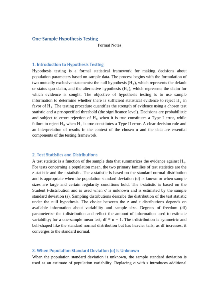 One Sample Hypothesis Testing FullNotes | PDF | P Value | Statistics