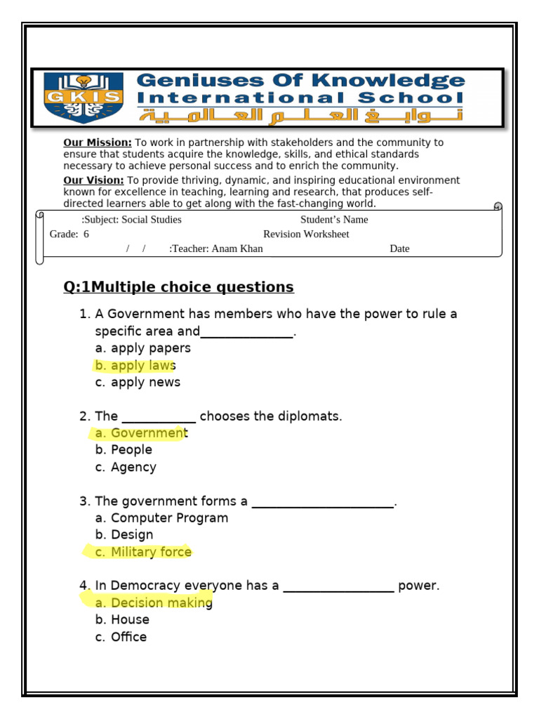 Grade 6 Revision Worksheet Answer KeyFT 24-25 2 | PDF