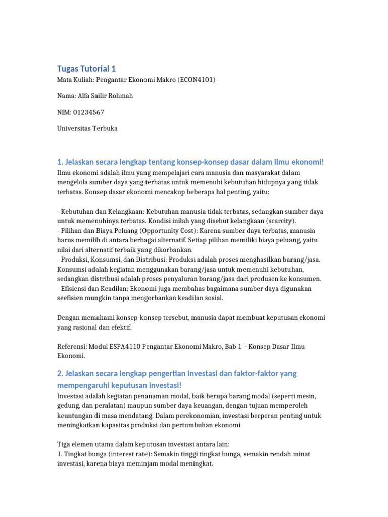 Tugas Tutorial1 Pengantar Ekonomi Makro Alfa Sailir Rohmah | PDF