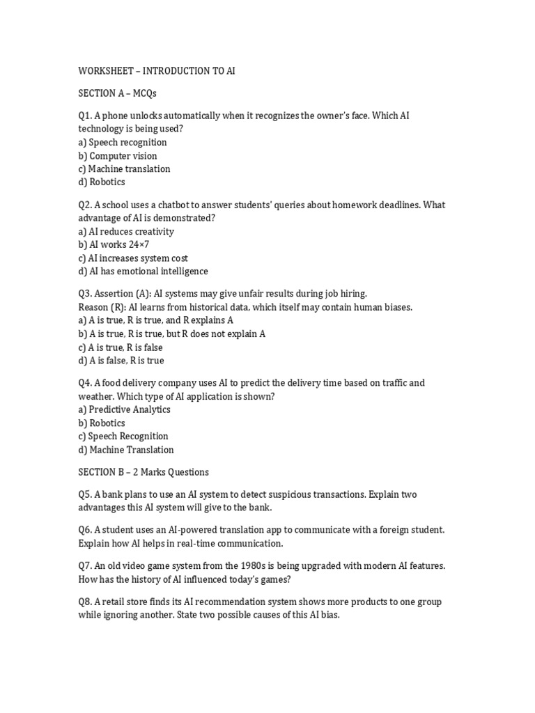 Introduction to AI Worksheet: MCQs & Questions | PDF