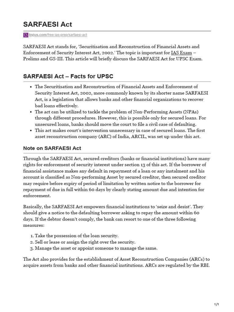 Understanding the SARFAESI Act 2002 | PDF