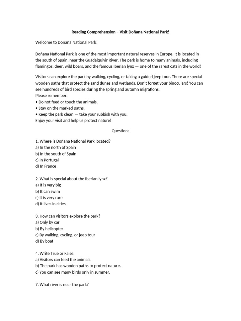 Reading Comprehension Leaflet Donana | PDF