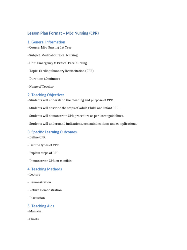 MSc Nursing CPR Lesson Plan Guide | PDF