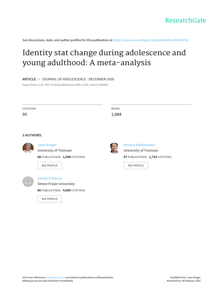 Identity Change in Adolescence: Meta-Analysis | PDF | Identity (Social ...