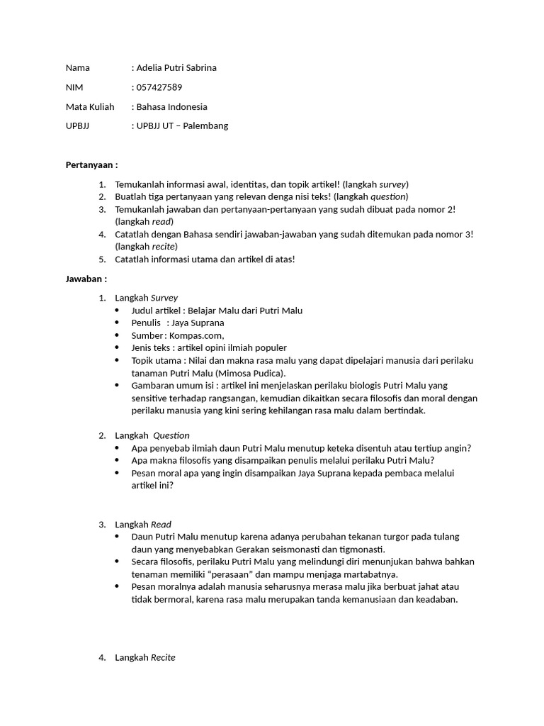 TUGAS 1 BAHASA INDONESIA ADELIA PUTRI SABRINA | PDF
