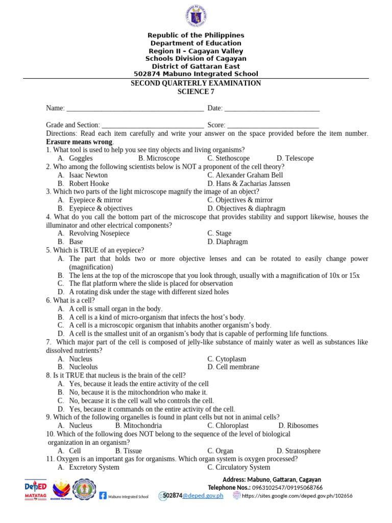 Science 7 Examination | PDF | Endoplasmic Reticulum | Cell (Biology)