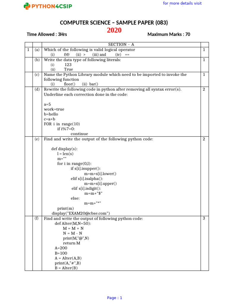 Computer Science Sample Paper 2020 | PDF | Parameter (Computer ...