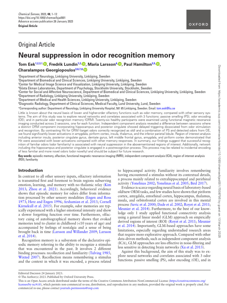 Neural Suppression in Odor Recognition Memory | PDF | Cingulate Cortex ...