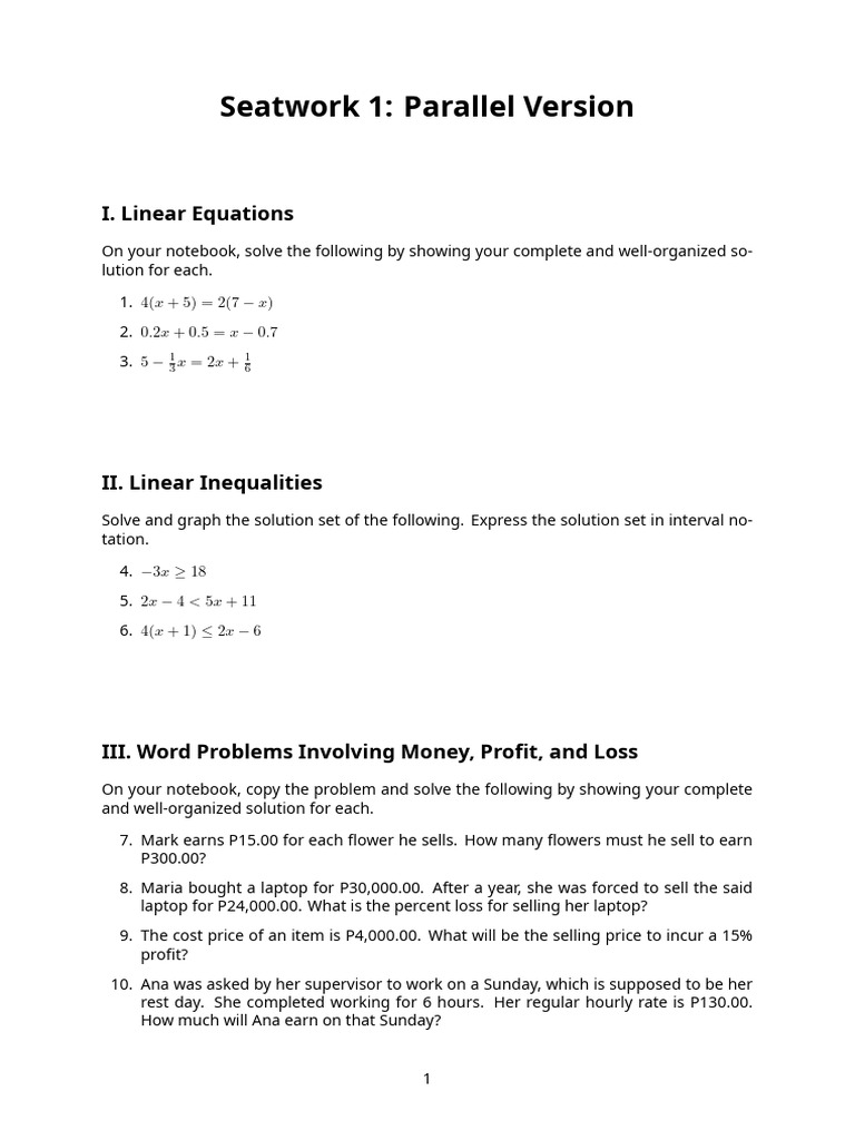 Linear Equations and Word Problems Solutions | PDF