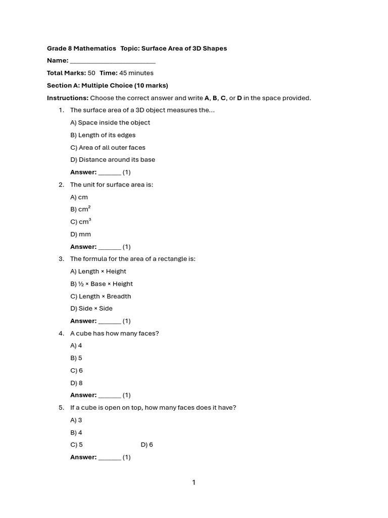 Grade 8 Mathematics Lesson 3 Test | PDF | Area | Length